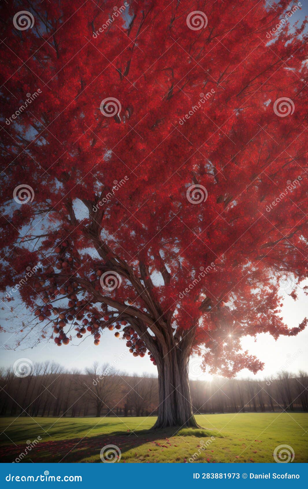 A Large Red Tree in the Middle of a Field. Generative AI Stock ...