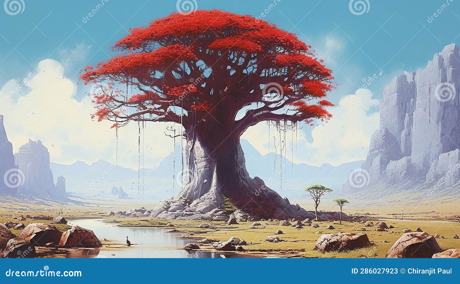 A Large Red Tree in the Middle of the Mountains Stock Image - Image of ...