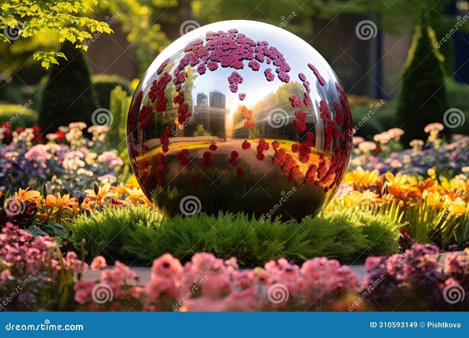 Large Reflective Sphere Adorned with Pink Flowers in a Beautiful Garden ...