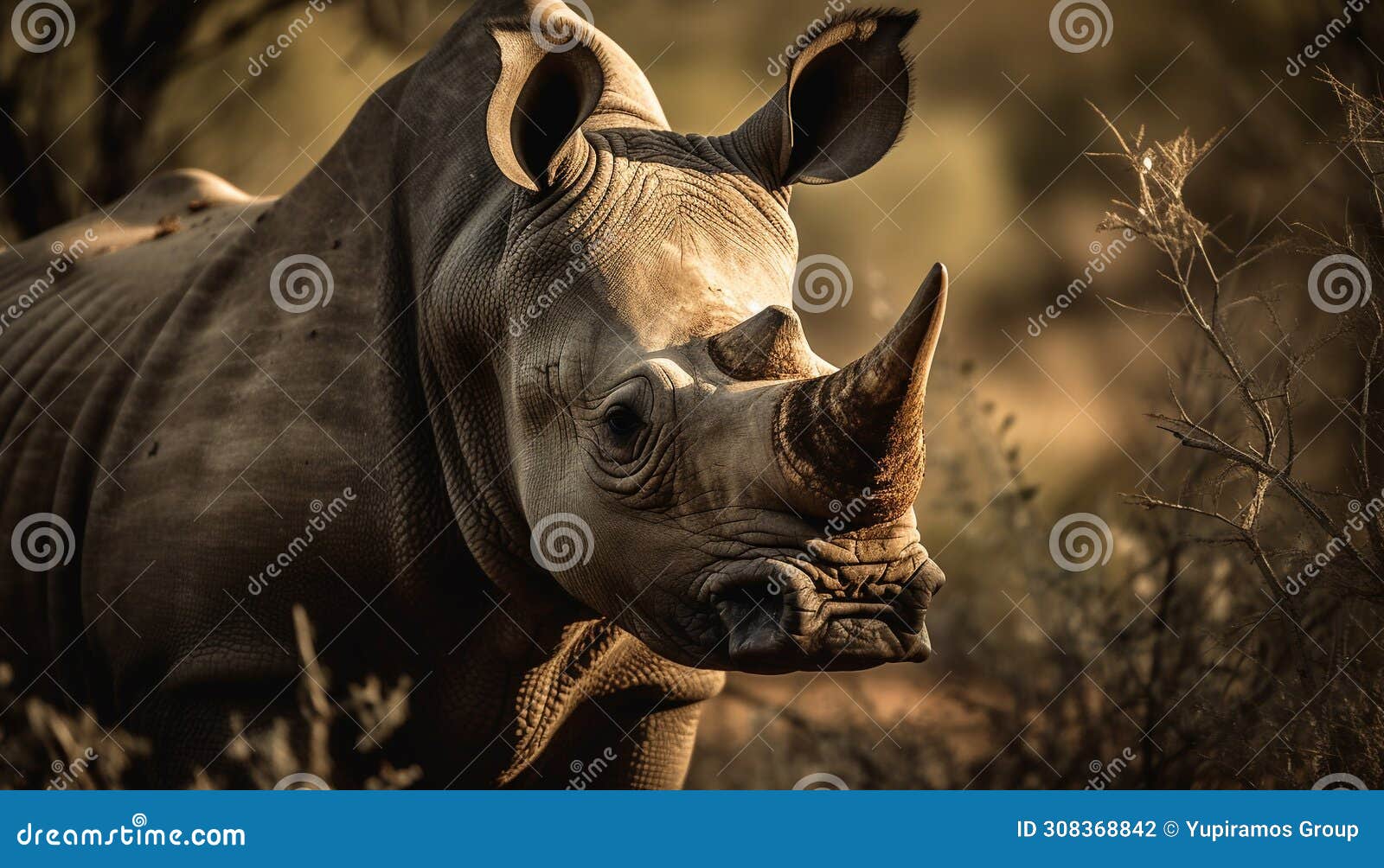 Large Rhinoceros Grazing in the African Savannah, Looking at Camera ...