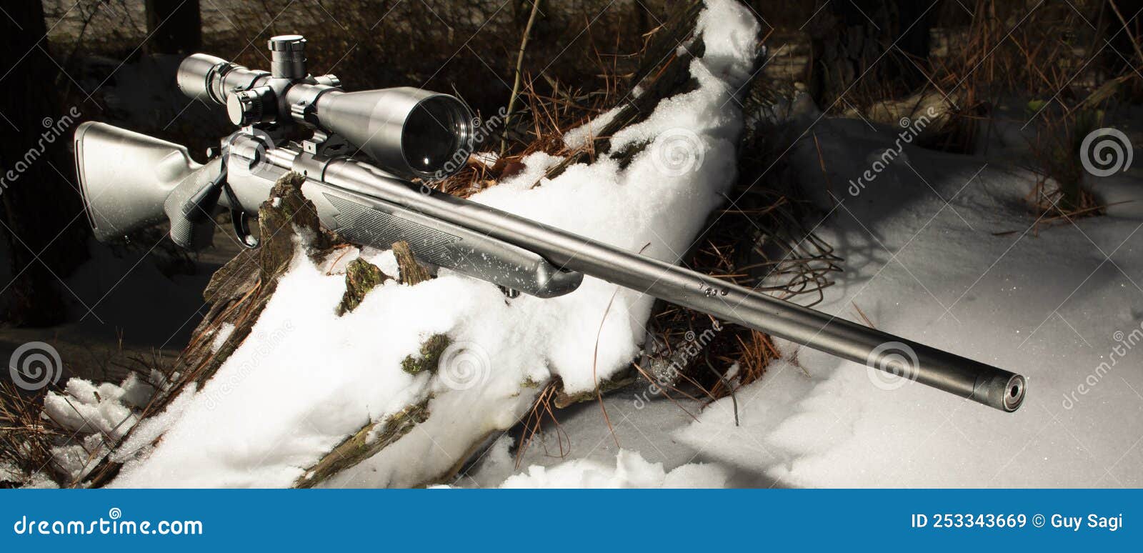 Black Polymer Bolt Action Rifle and Scope with Snow Stock Image - Image ...