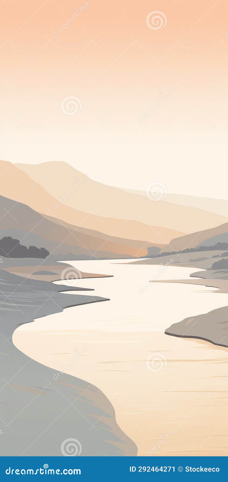 Minimalist River Painting with Warm Tonal Range and Mountainous Vistas ...