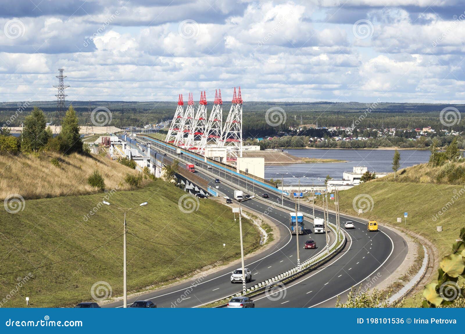 Large River Hydroelectric Power Station on the Volga River,view from ...