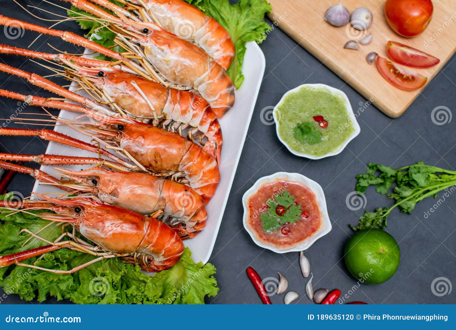 Large River Prawns Cooked on a Plate with Dipping Sauce Stock Photo ...