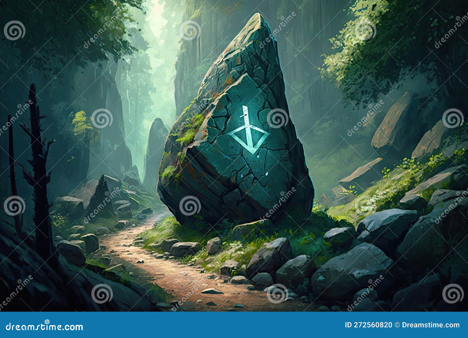 Large Rock with Arrow Pointing the Way, in a Lush Forest Stock ...