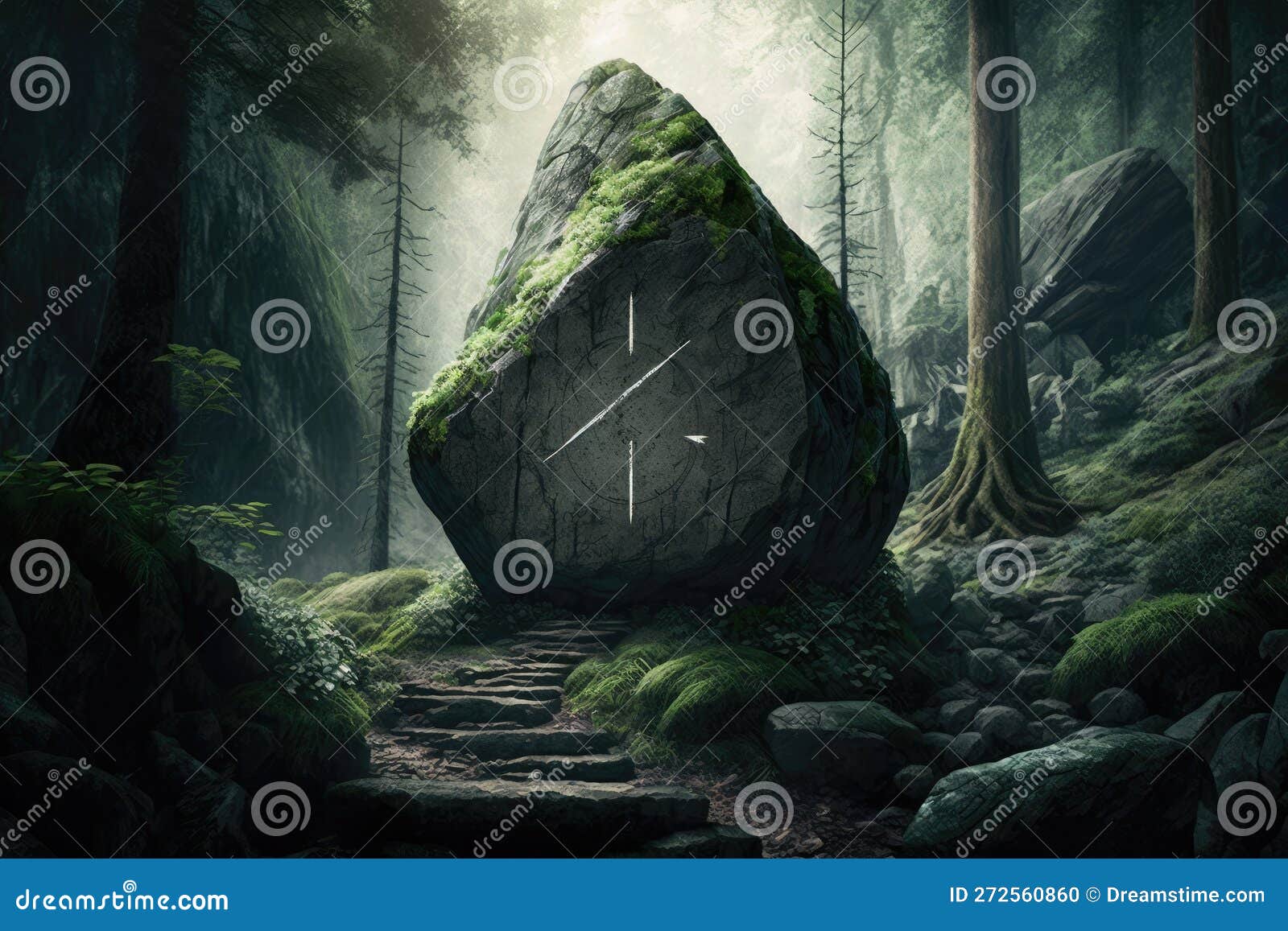 Large Rock with Arrow Pointing the Way, in a Lush Forest Stock Photo ...