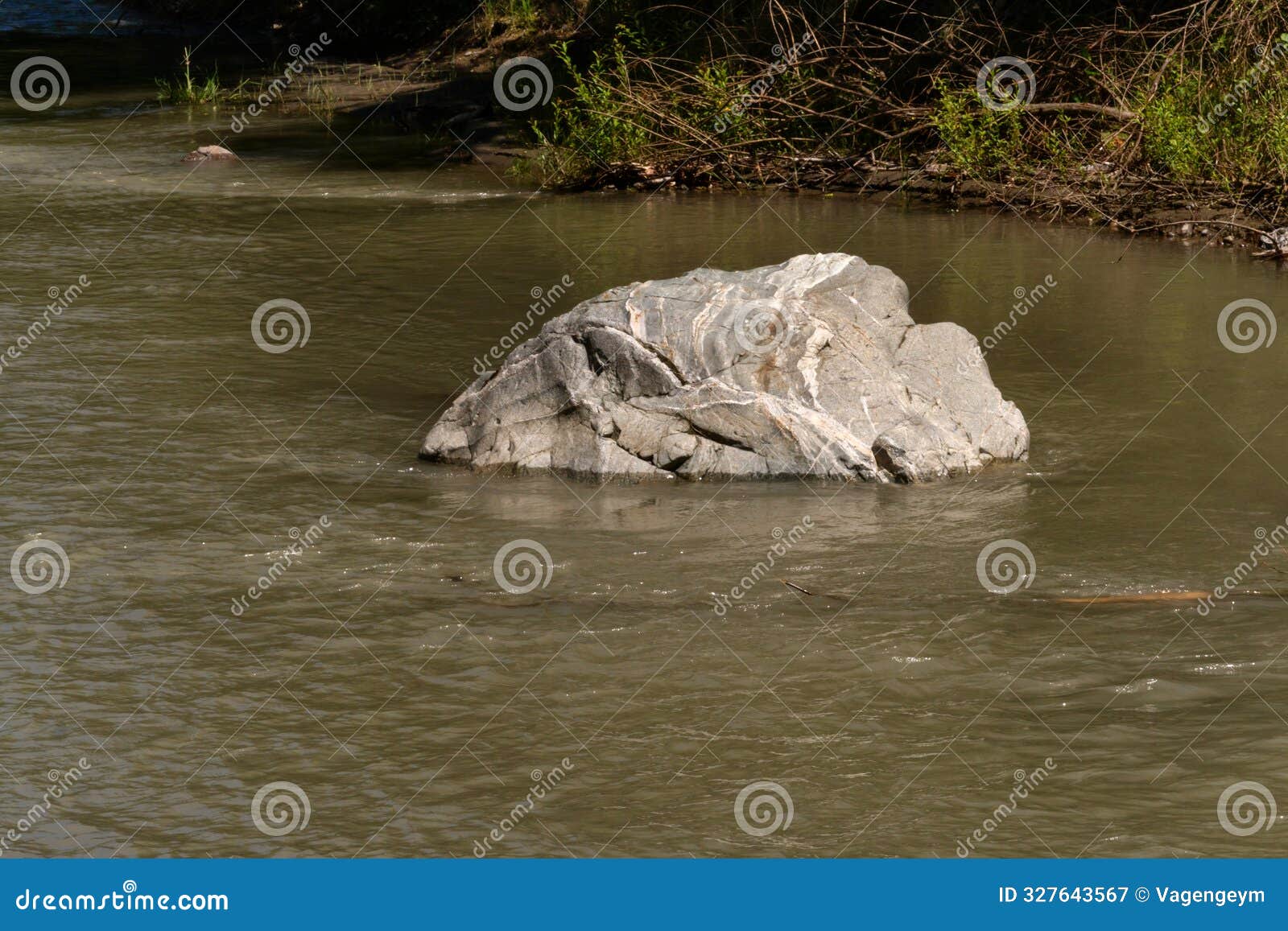 Large Rock in Calm River with Surrounding Greenery Stock Image - Image ...