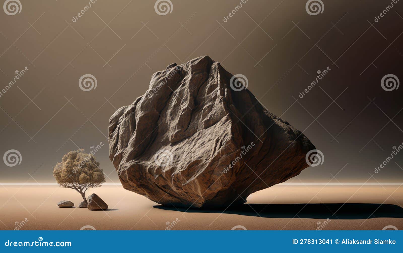 A Large Rock on the Ground with a Small Tree in the Background Behind ...