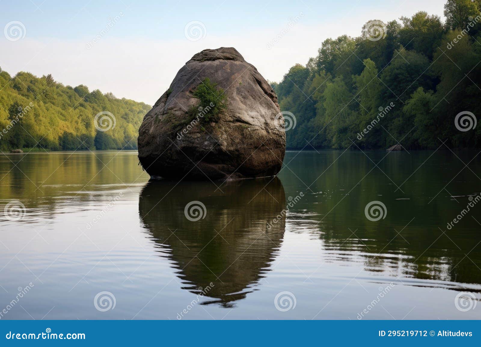 A Large Rock in the Middle of a Calm River Stock Photo - Image of river ...
