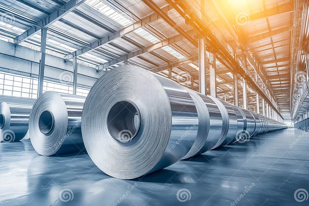 Large Rolls of Silver Aluminum Solid Coils Stand in Rows in Warehouse ...