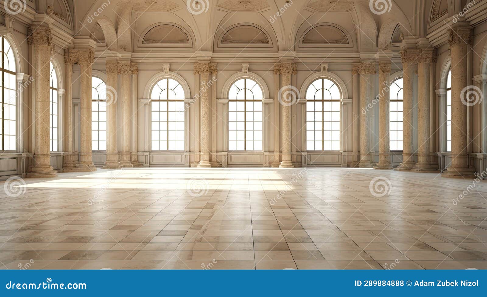 A Large Room with Arched Windows and Tile Floor Stock Illustration ...