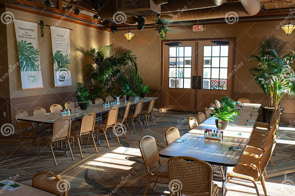 A Large Room Featuring a Long Table Surrounded by Chairs, Set Up for a ...