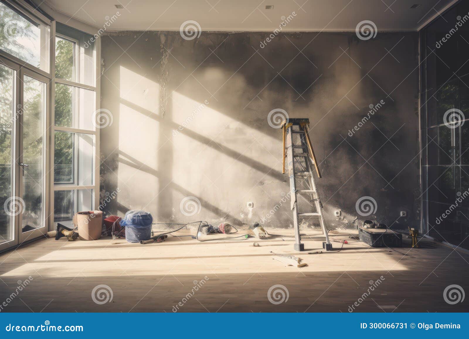 Large Room Mid-renovation, with a Paint-splattered Ladder, Dust Sheets ...