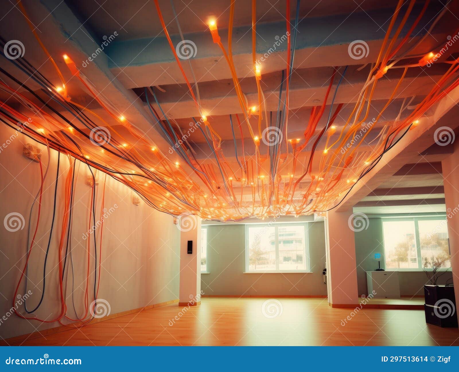 Large Room with an Open Ceiling, Where Many Orange and Yellow Wires are ...