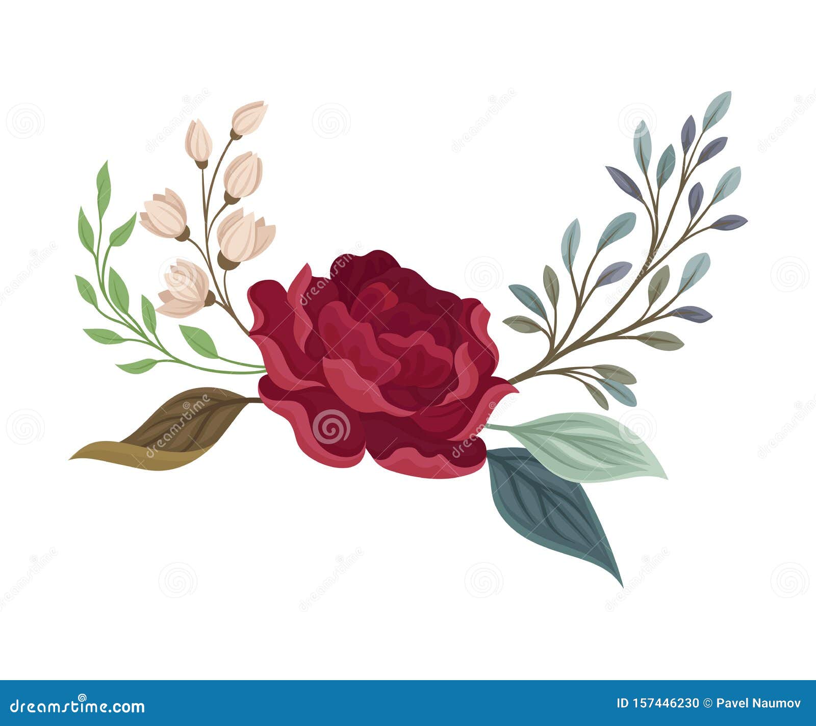 Large Rose on a Branch with Leaves. Vector Illustration on a White ...