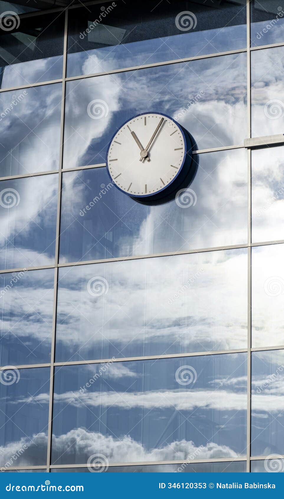 Large Round White Clock Watch Glass Wall Reflection Blue Sky Clouds ...