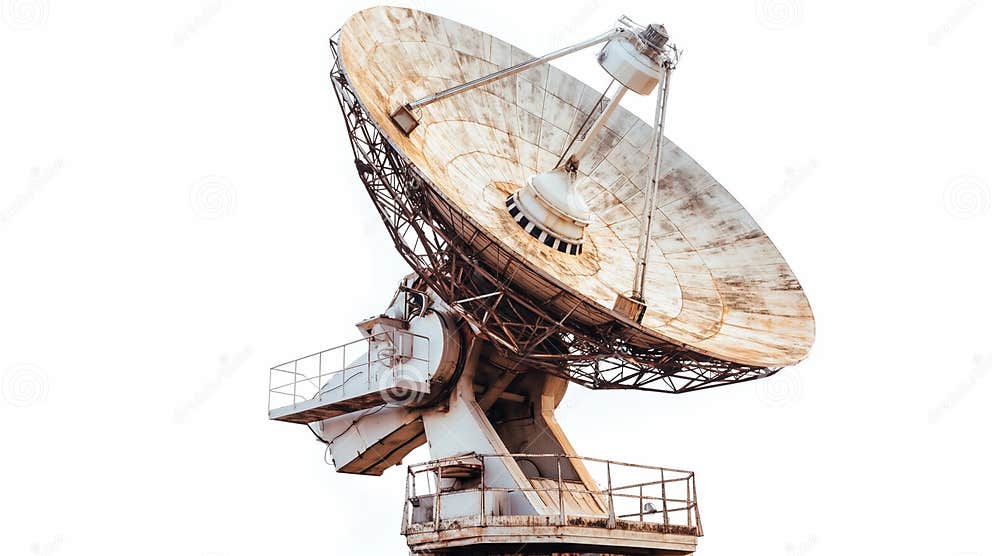 A Large, Rusted Satellite Dish Standing Against a Plain Background ...