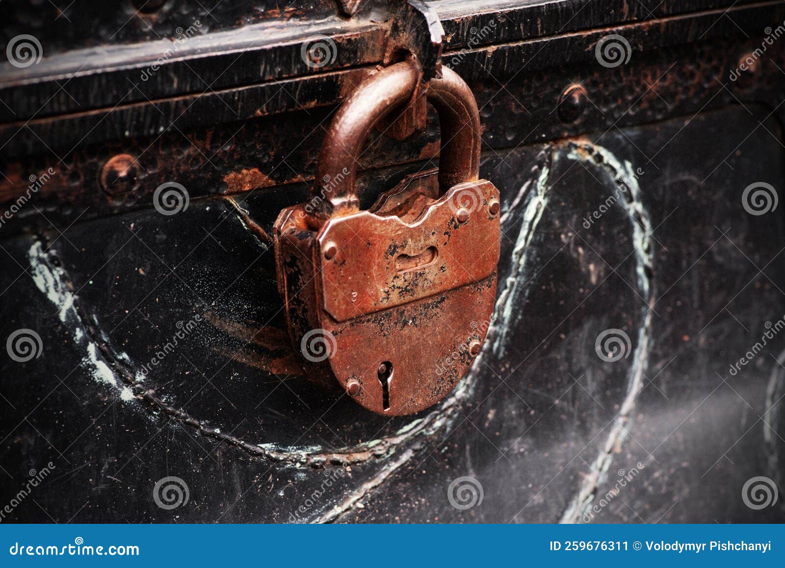 A Large Rusty Padlock Hangs on an Old Metal Chest Stock Image - Image ...