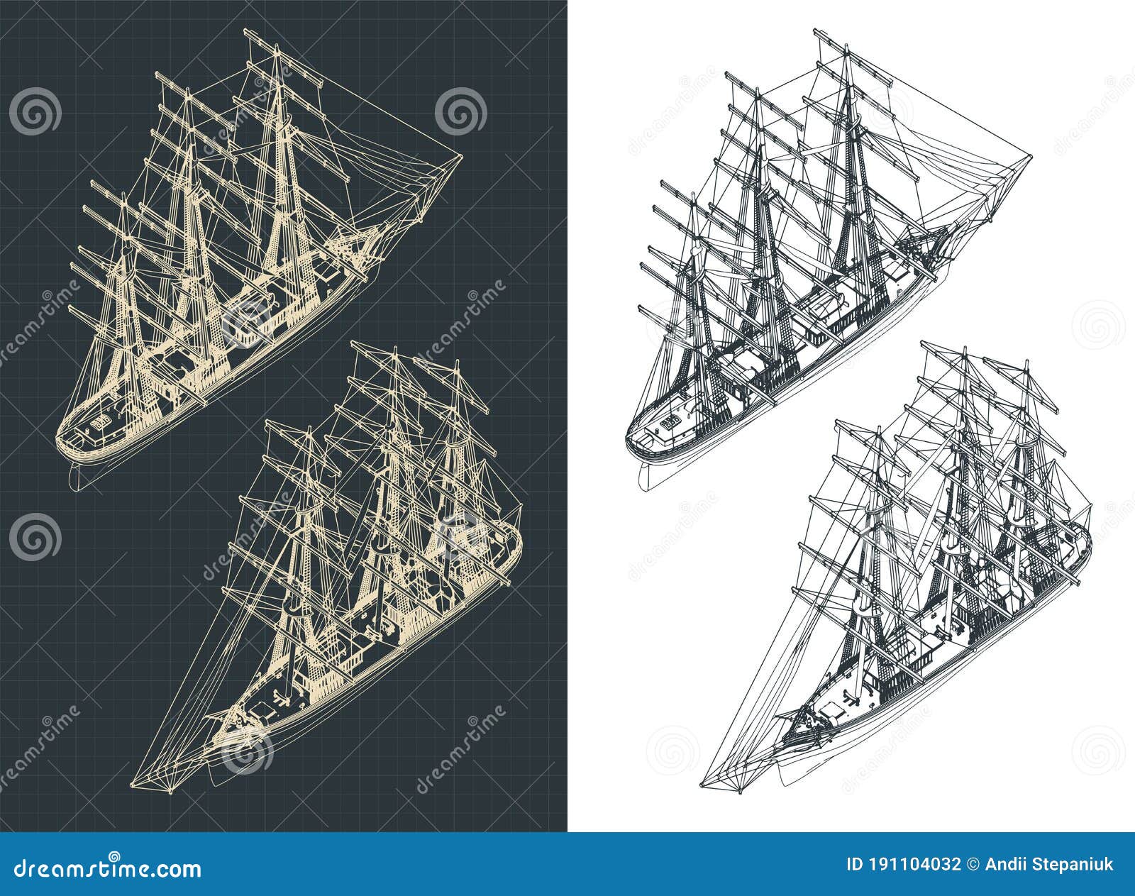 Large Sailing Ship Isometric Drawings with the Sails Down Stock Vector ...