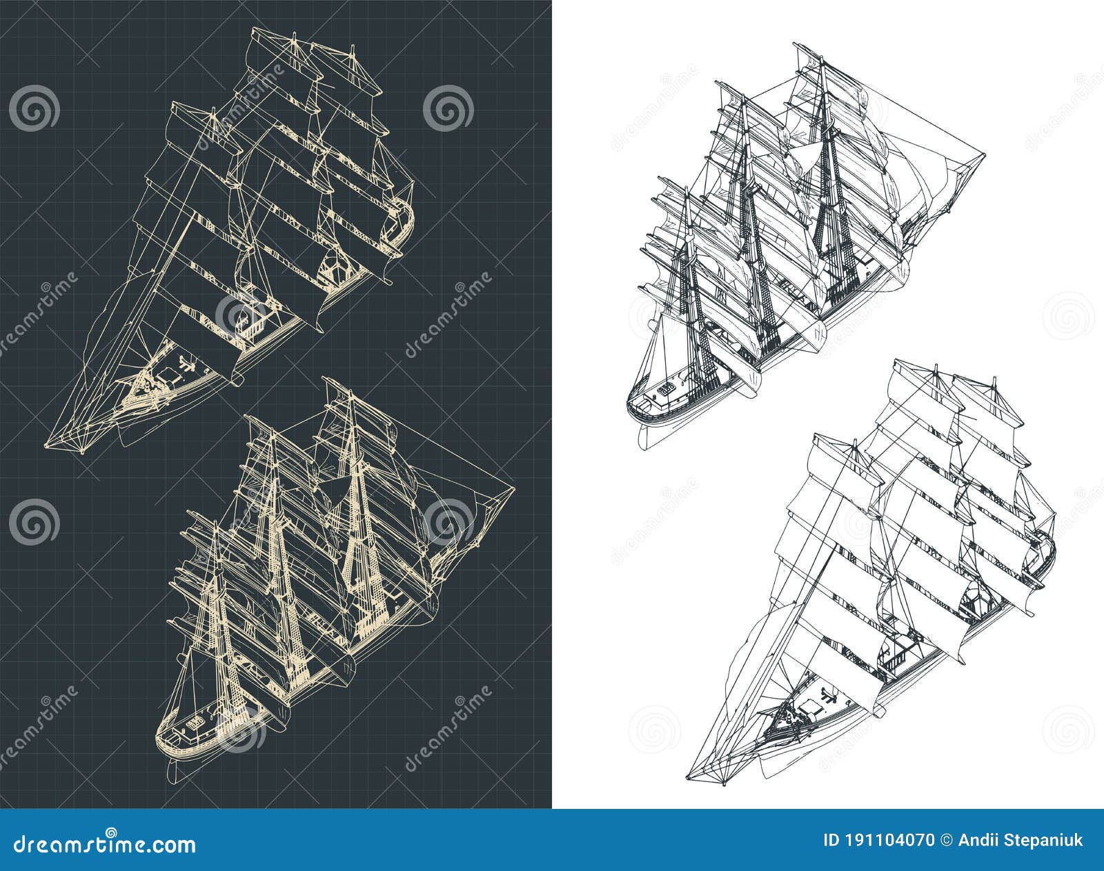Large Sailing Ship Isometric Drawings Stock Vector - Illustration of ...