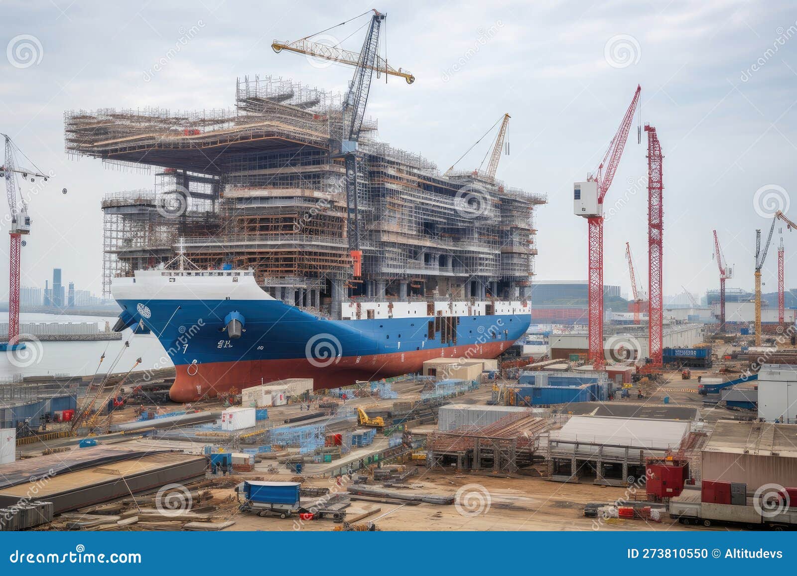 Large-scale Shipbuilding Project, with Hundreds of Workers and Cranes ...