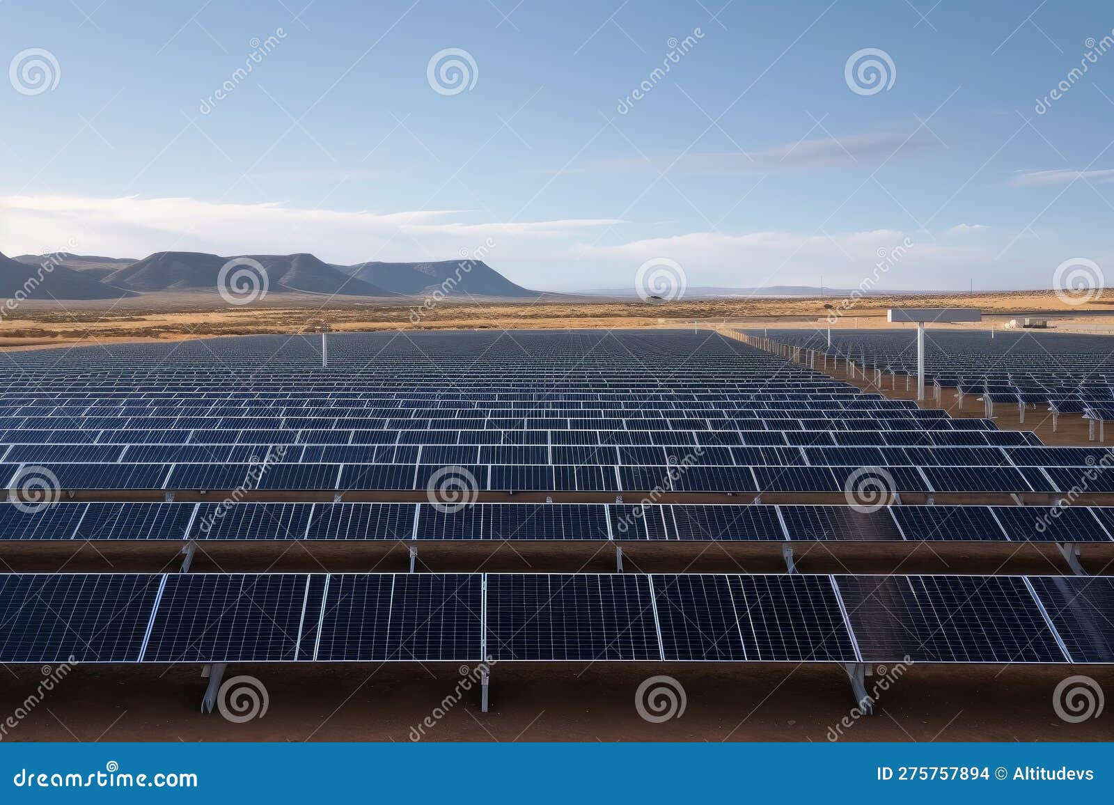 Large-scale Solar Farm, with Rows of Panels and Turbines in the ... Large-scale Solar Farm, with Rows of Panels and Turbines in the ...