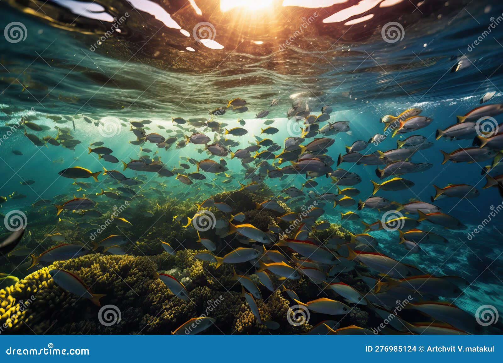 School of Fish Swimming in Circles in Ocean with Sunlight Stock ...