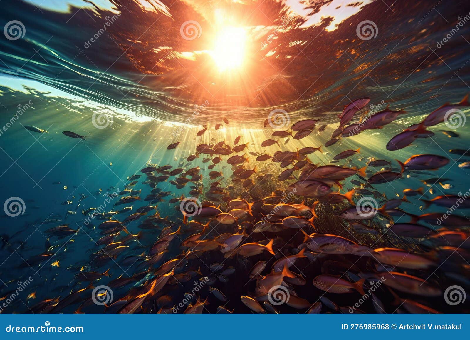 School of Fish Swimming in Circles in Ocean with Sunlight Stock ...