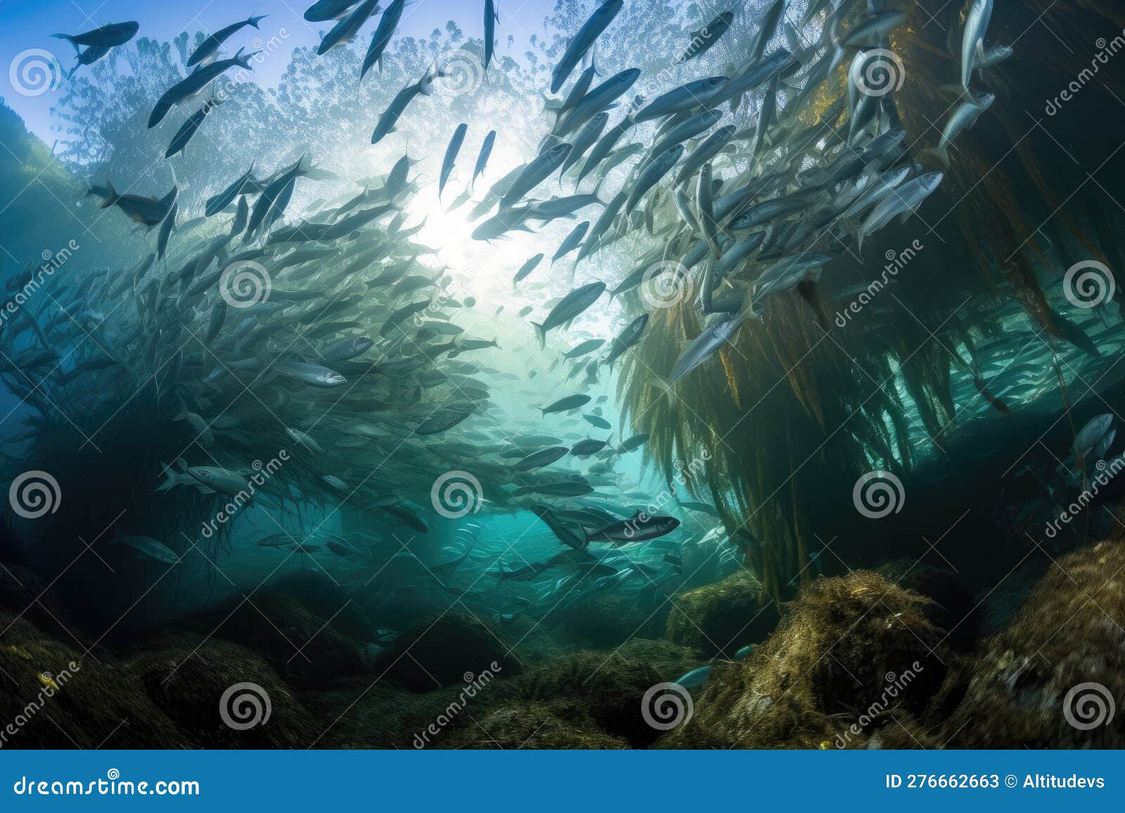 Large School of Fish Swimming among the Kelp Stock Image - Image of ...