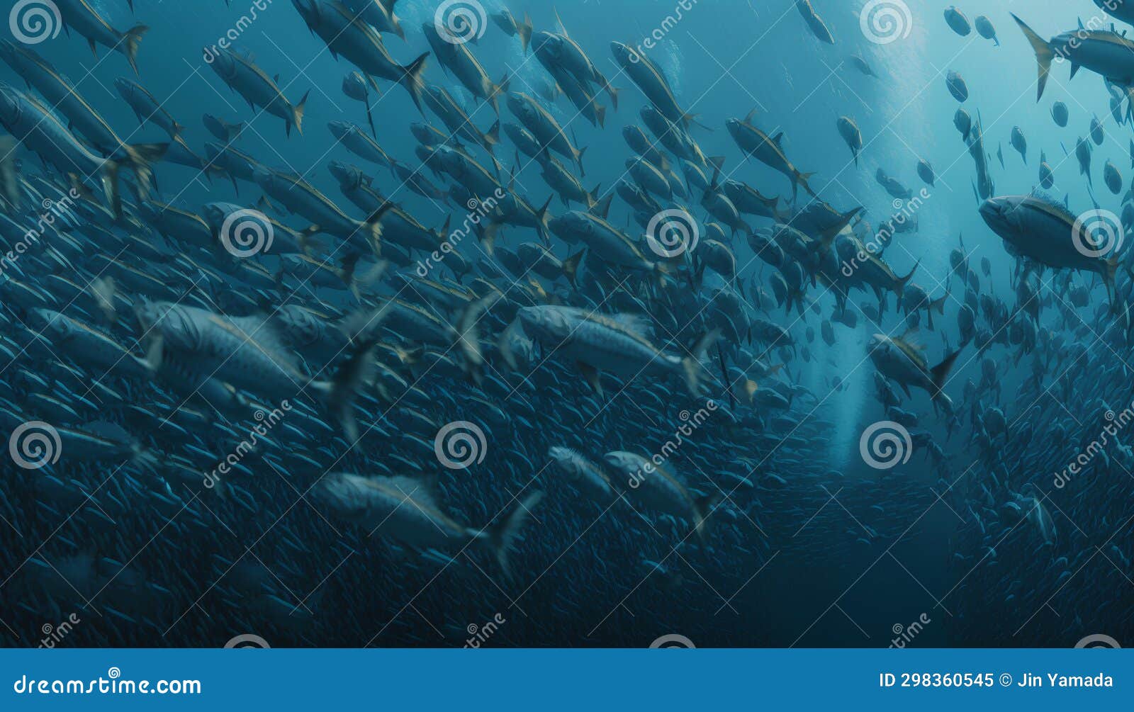 A Large School of Fish Swims in a Deep Blue Ocean. Stock Illustration ...