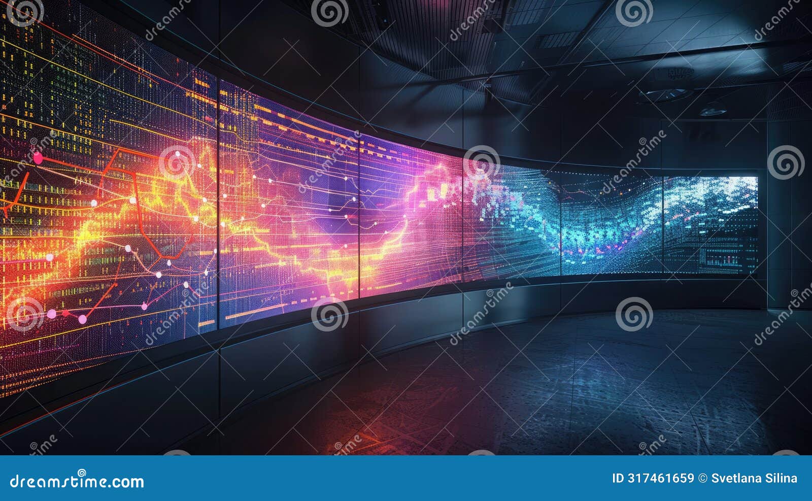 Large Screen in Dark Control Room Showcases a Detailed Visualization of ...