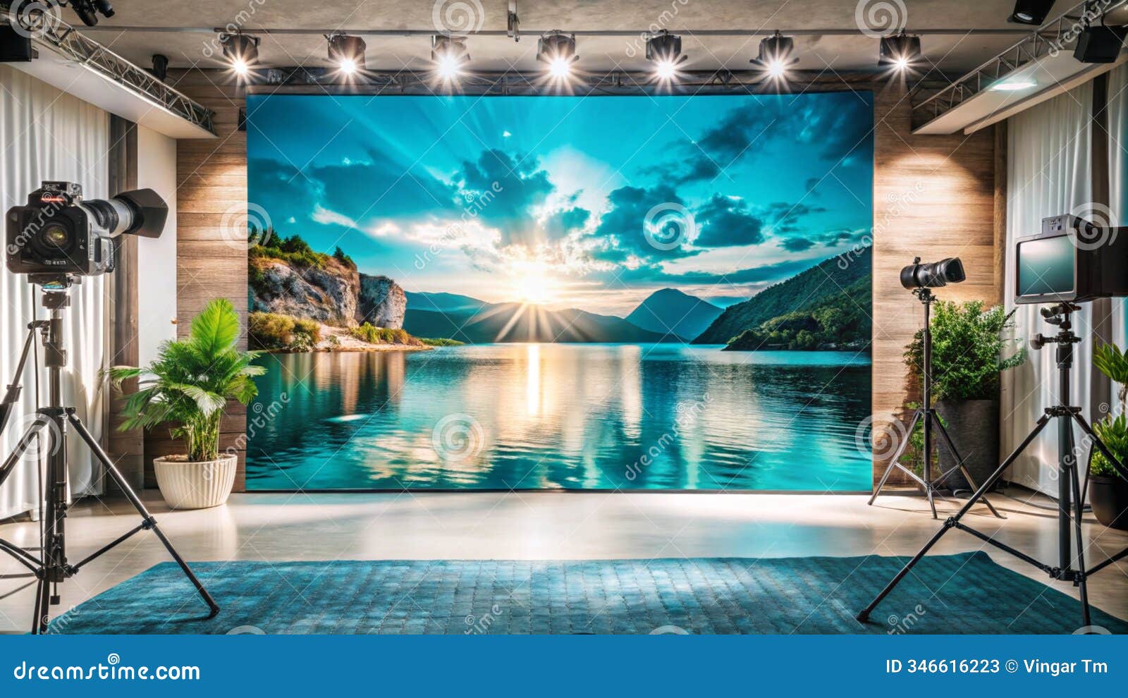 A Large Screen Displaying a Scenic Lakeside Sunset with a Camera Setup ...