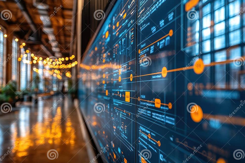 A Large Screen Displays a Complex Network of Lines and Numbers Stock ...