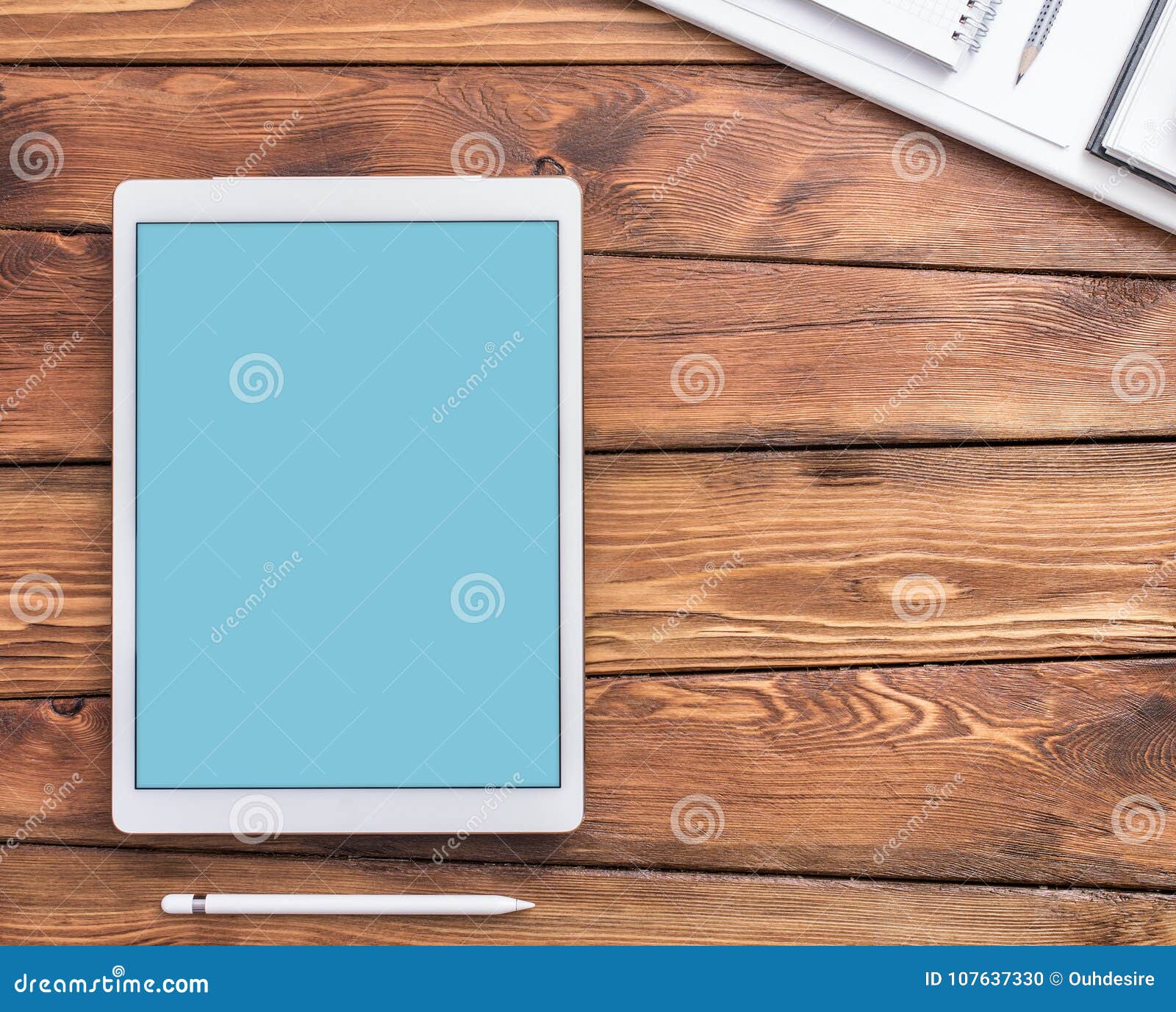 Large Screen Tablet Device on a Wooden Desktop, Top View. Stock Photo ...