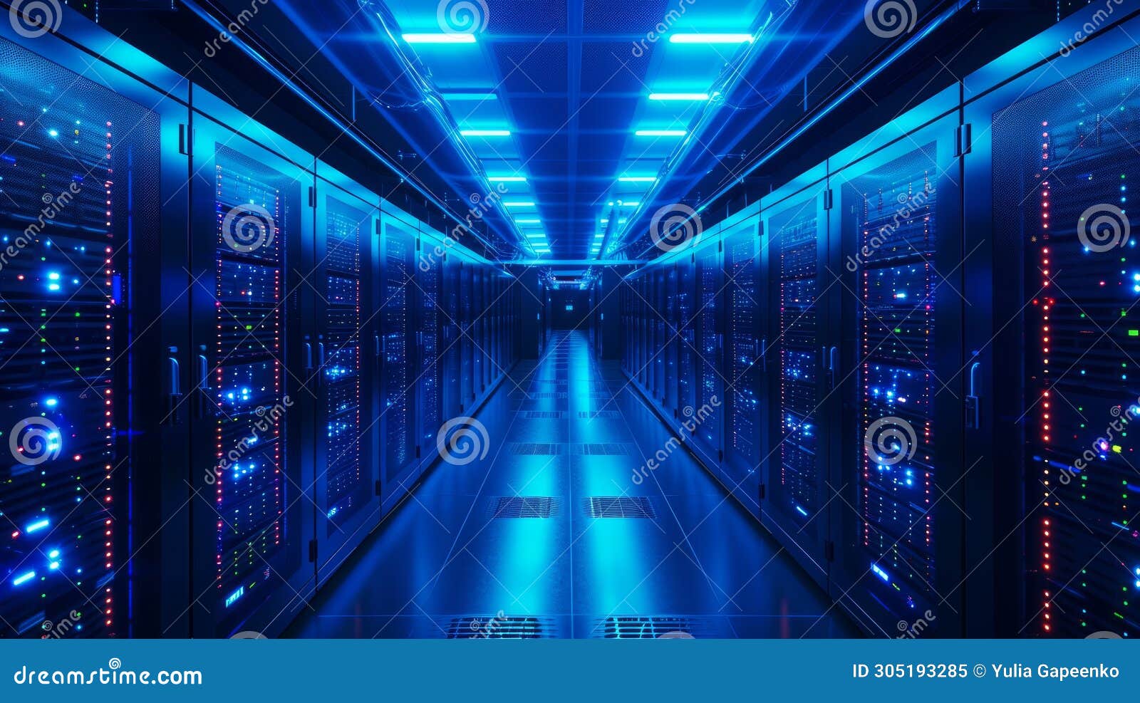 Large Server Room. Black and Blue Neon Colors Stock Image - Image of ...