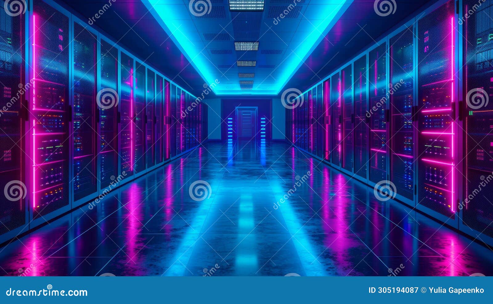 Large Server Room. Black and Blue Neon Colors Stock Image - Image of ...