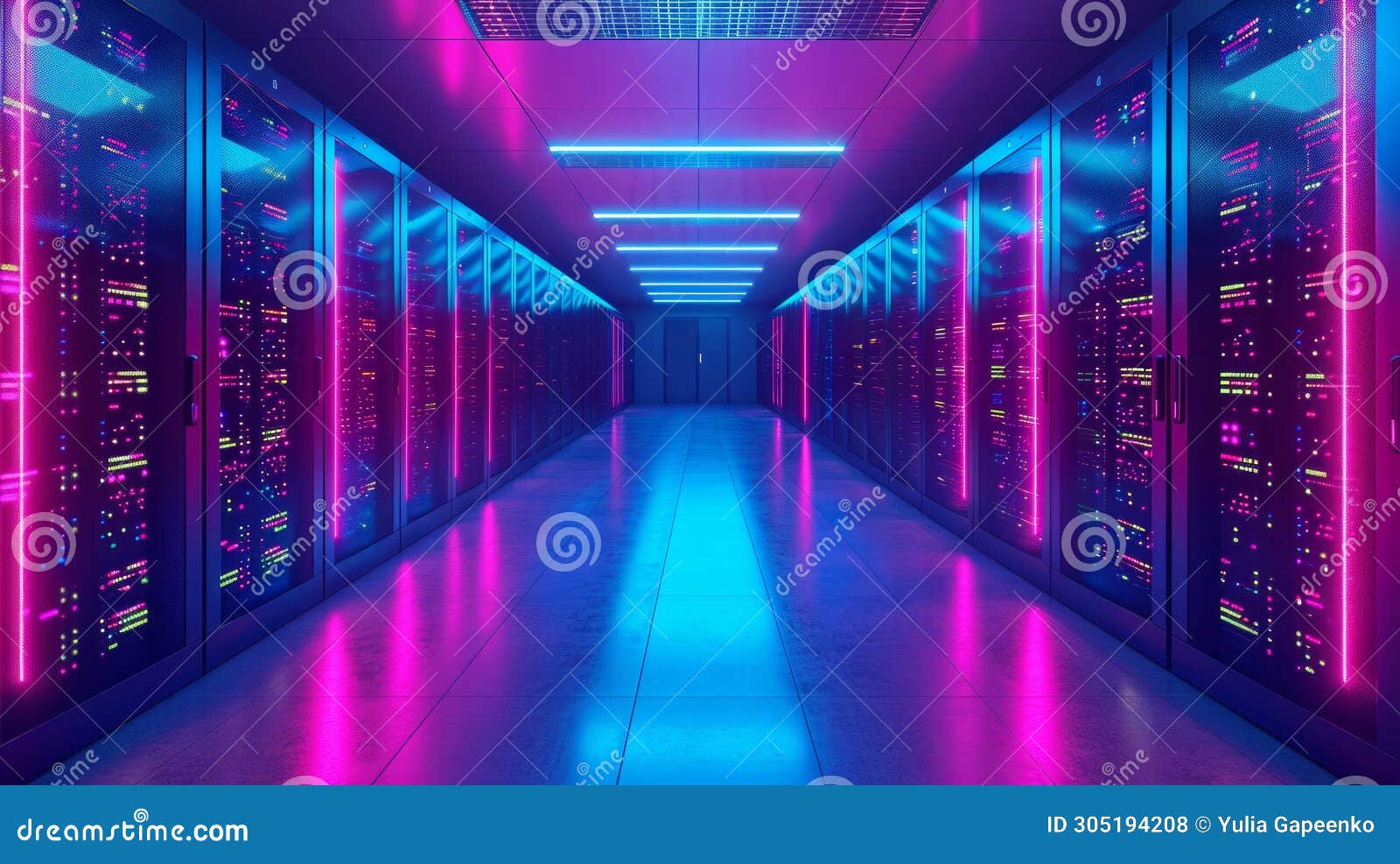 Large Server Room. Black and Blue Neon Colors Stock Photo - Image of ...