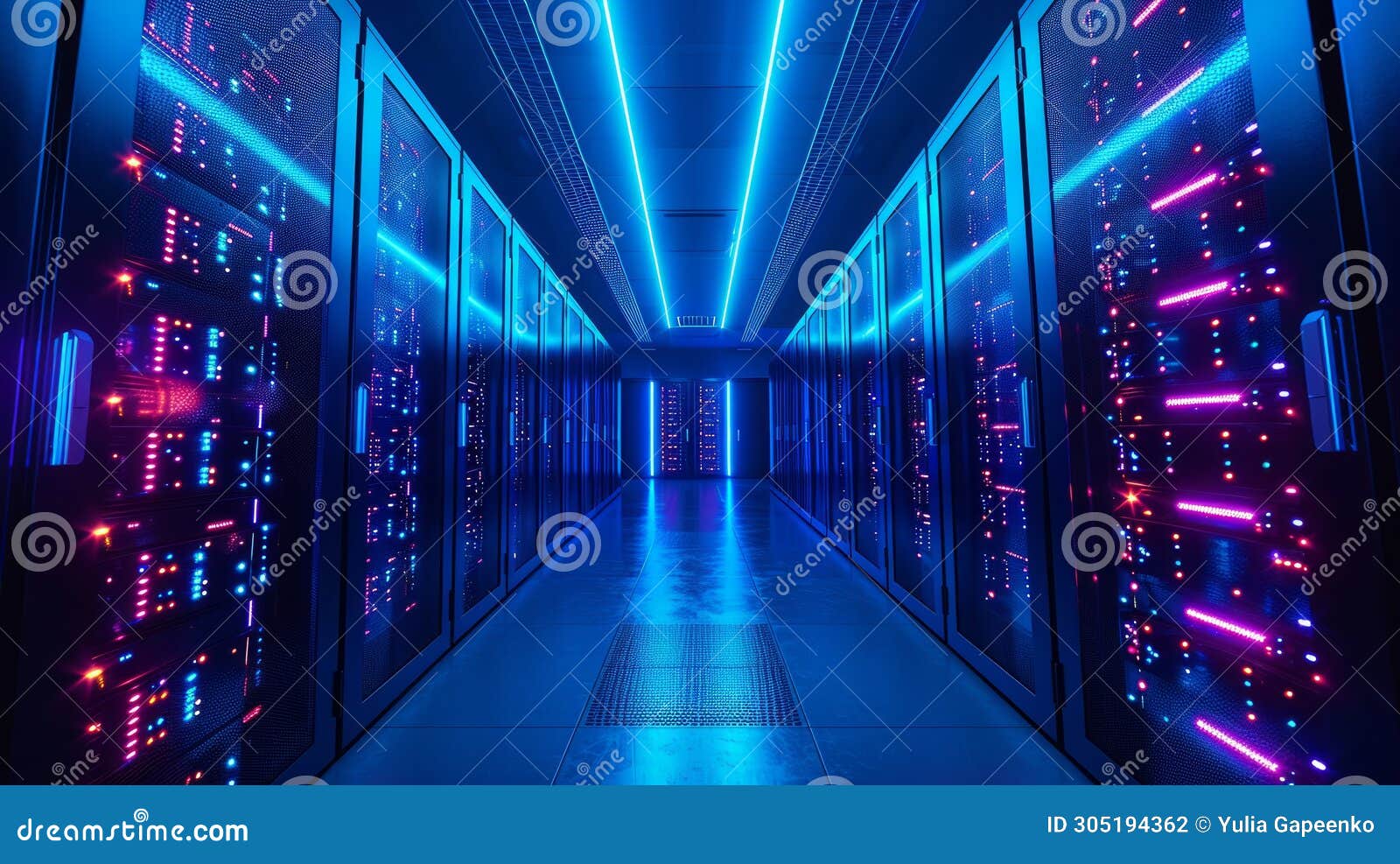 Large Server Room. Black and Blue Neon Colors Stock Photo - Image of ...