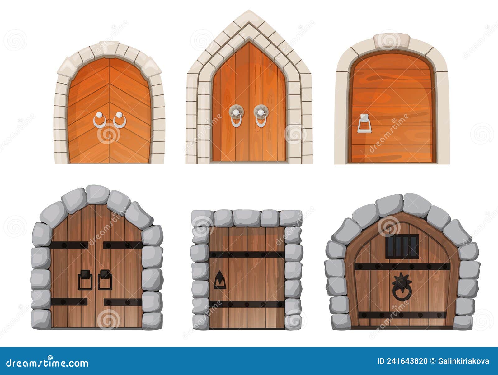 A Large Set Of Antique Doors In Stone Frames. Vector Cartoon Style ...