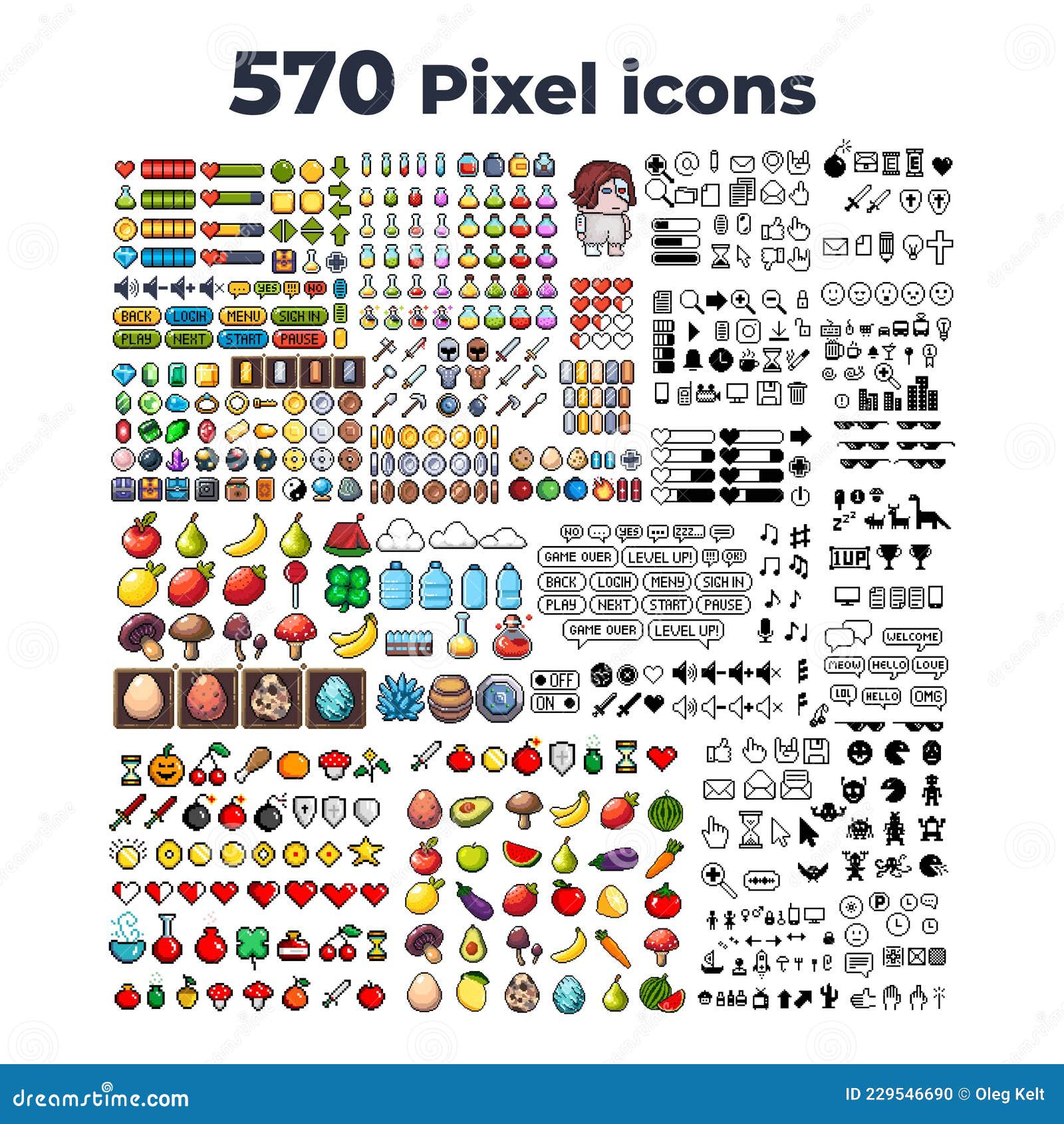 LARGE Set of 8-bit Pixel Icons. Isolated Vector Illustrations for Web ...