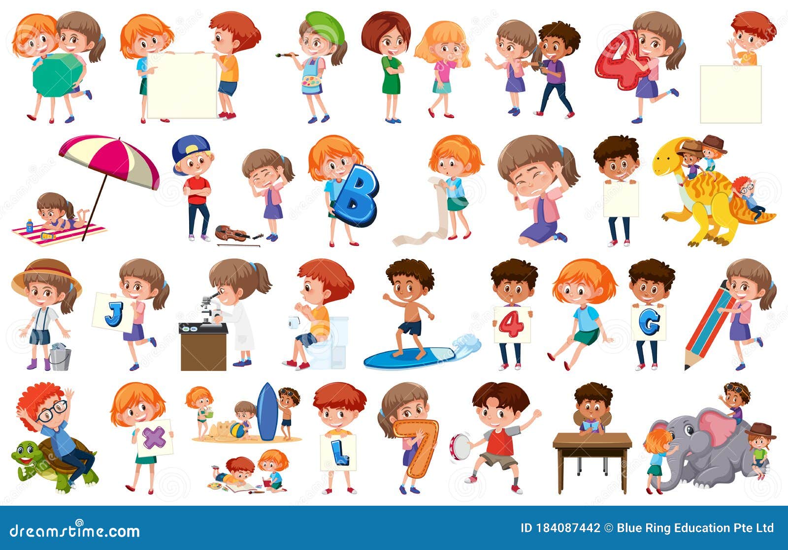 Large Set of Children Doing Different Activities on White Background ...