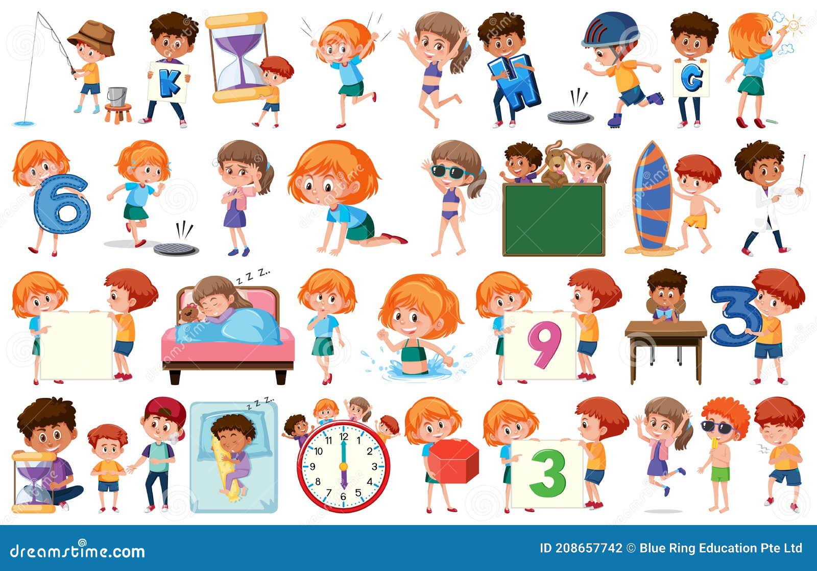 Large Set of Children Doing Different Activities on White Background ...