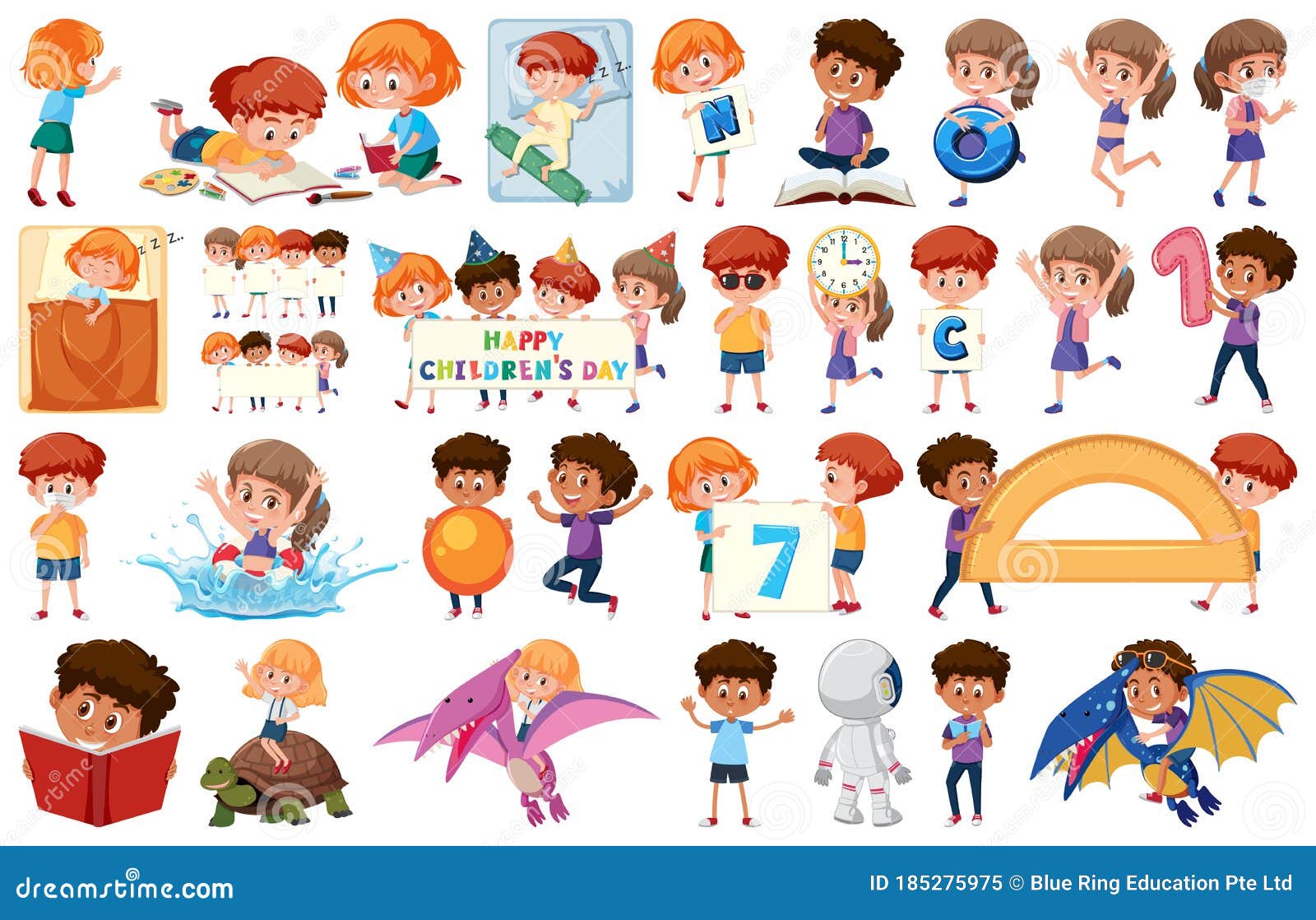 Large Set of Children Doing Different Activities on White Background ...