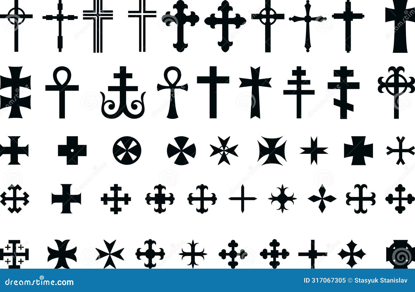 Large Set of Different Religious Christian Crosses Black Isolated White ...