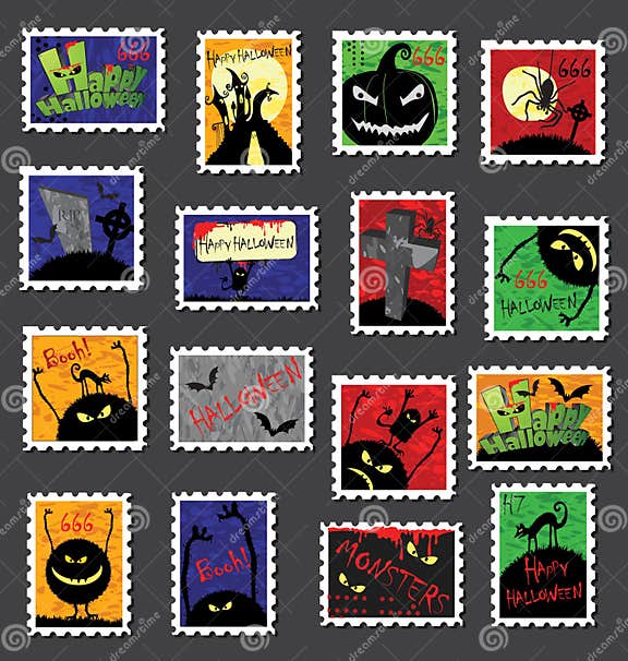 Large Set of Halloween Postage Stamps Stock Vector - Illustration of ...