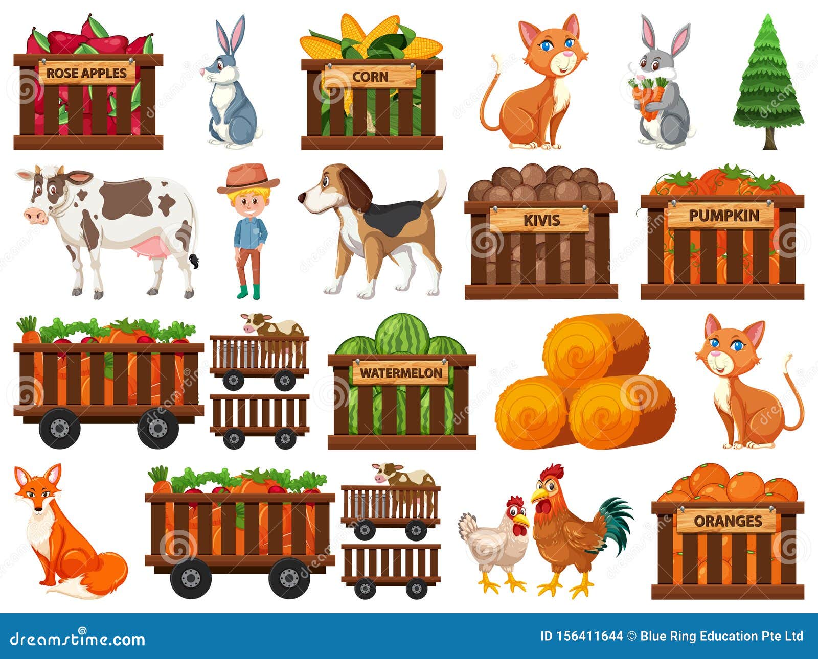 Large Set of Isolated Farm Objects Stock Vector - Illustration of fauna ...