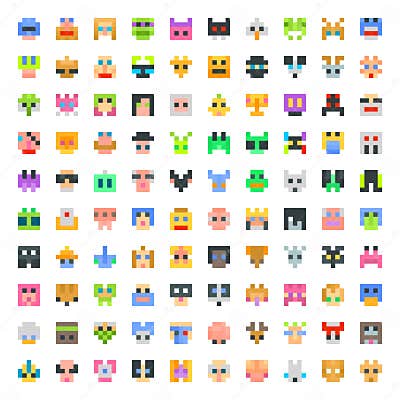 Large set of pixel faces stock illustration. Illustration of human ...