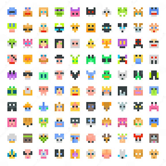 Large set of pixel faces stock illustration. Illustration of human ...