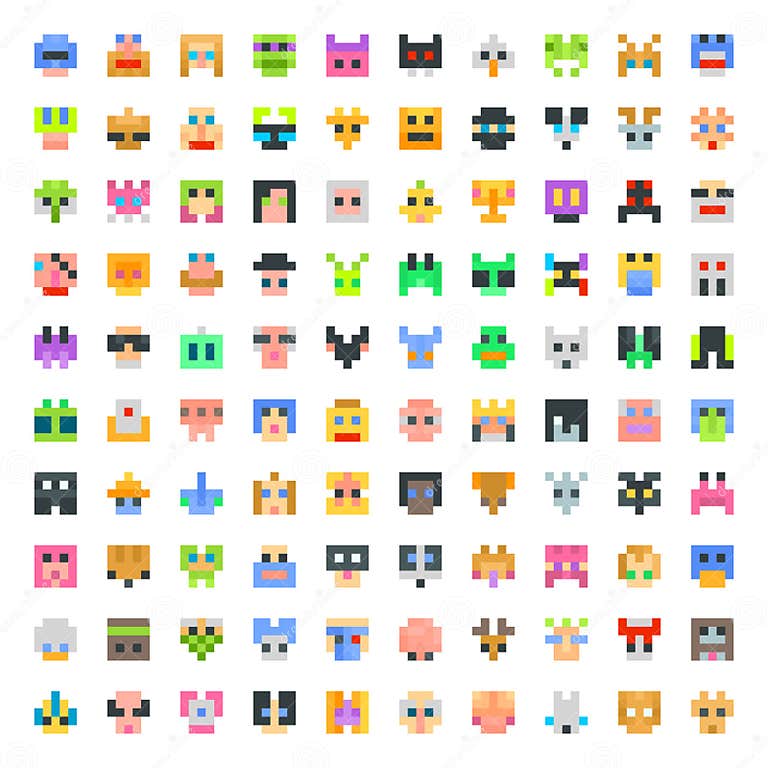 Large set of pixel faces stock illustration. Illustration of human ...