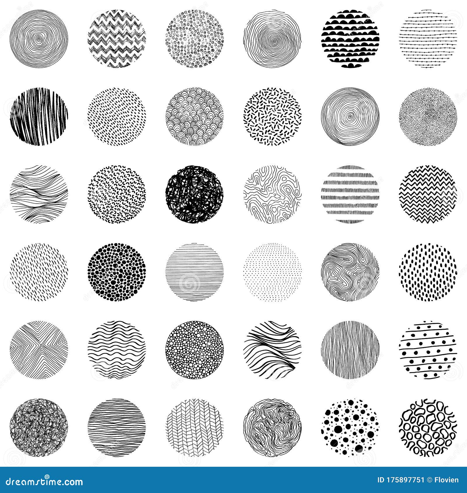 A Large Set of Round Textures Drawn with Marker on Paper. Black and ...